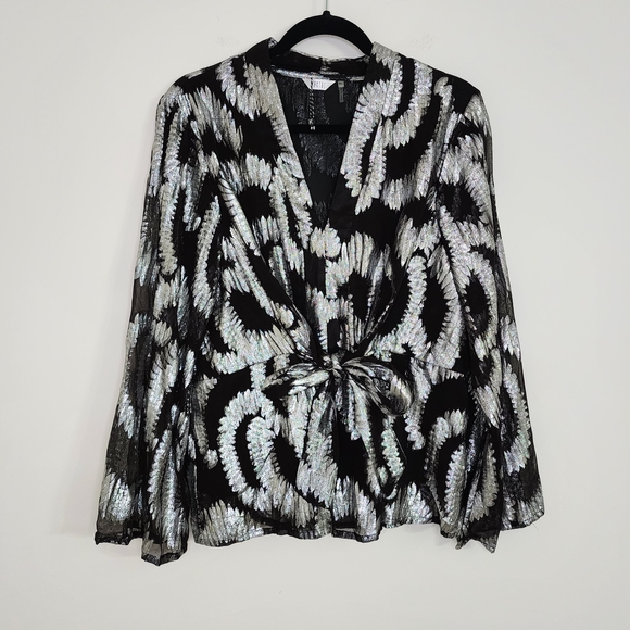 Kaktus | Tops | Kaktus Elegant Black Silver Tie Front Long Sleeve ...